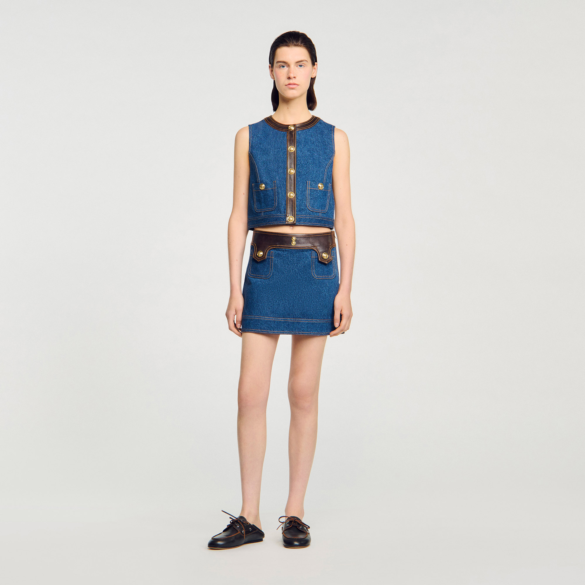 Denim and leather top blue For Women | Sandro Paris