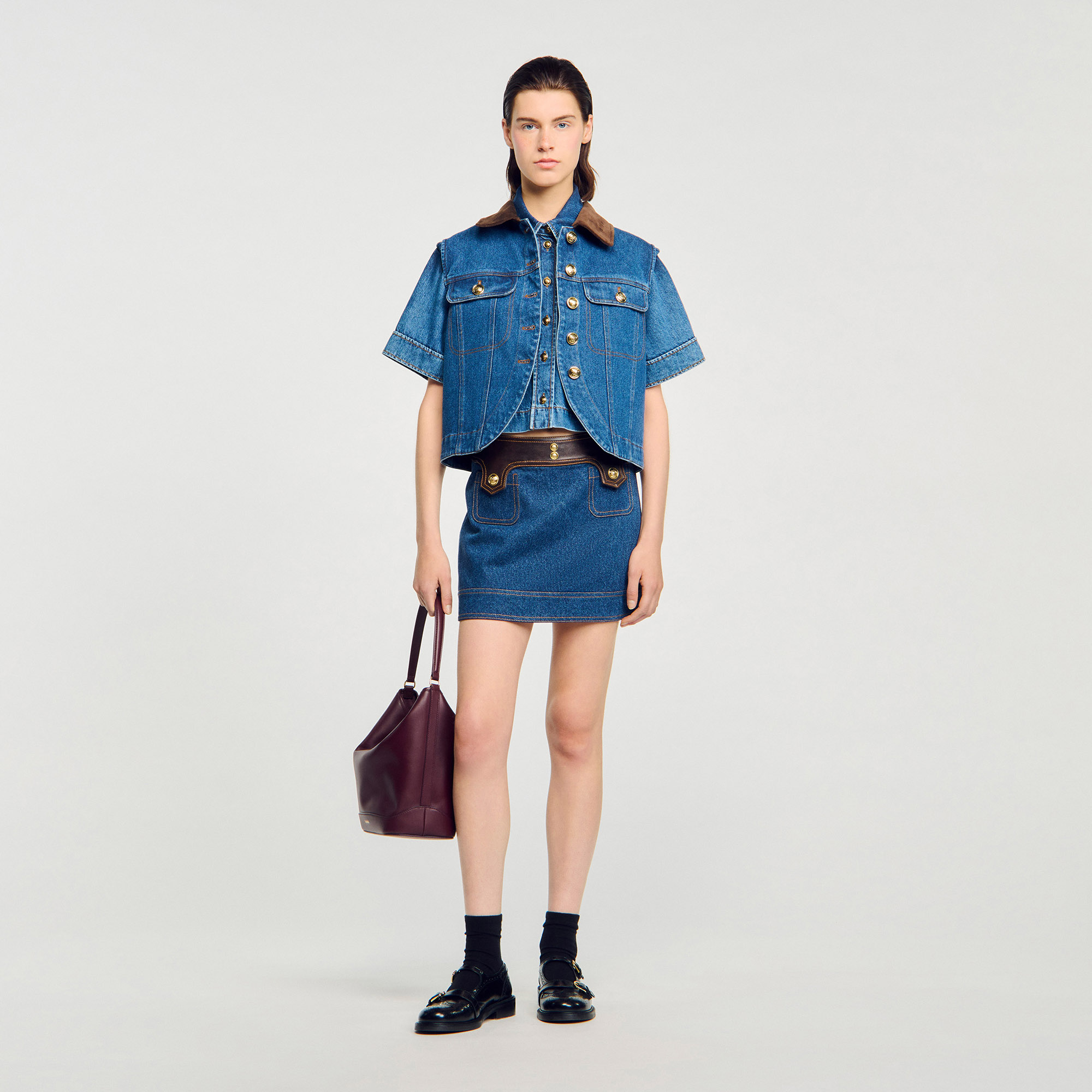 Short denim and leather skirt blue For Women | Sandro Paris