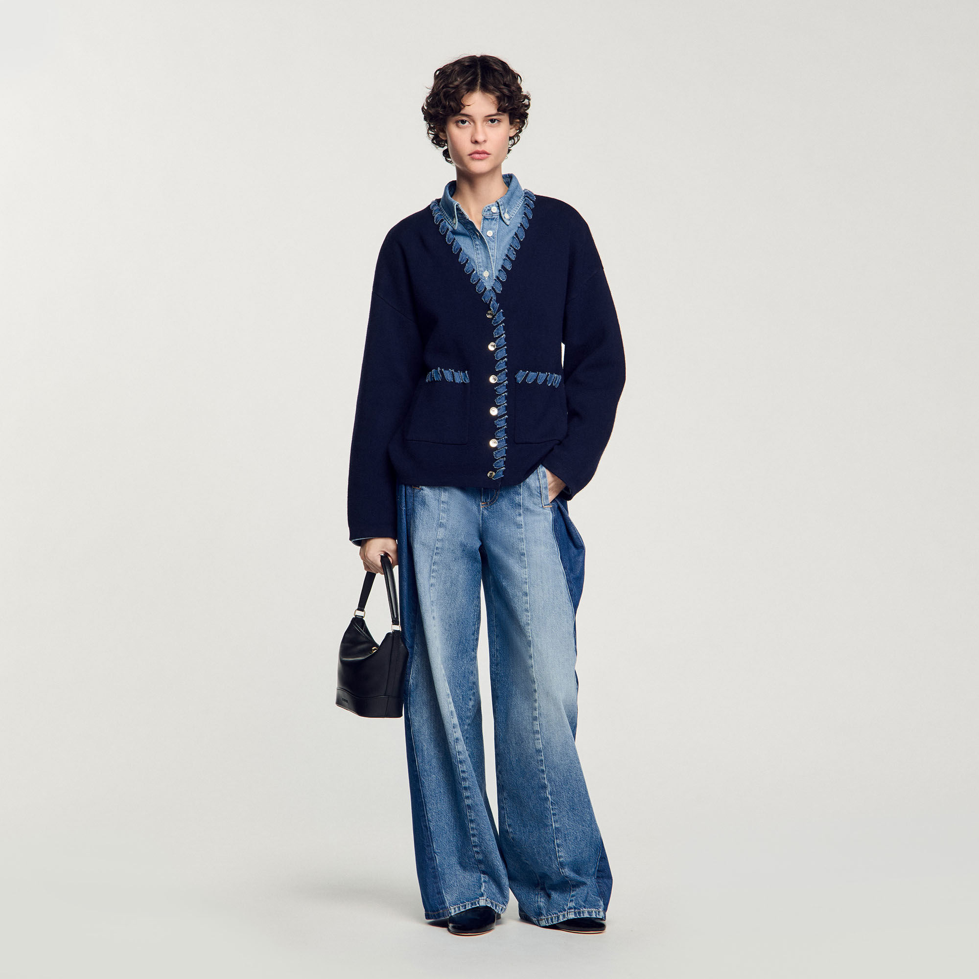 Cardigan with denim details blue For Women | Sandro Paris